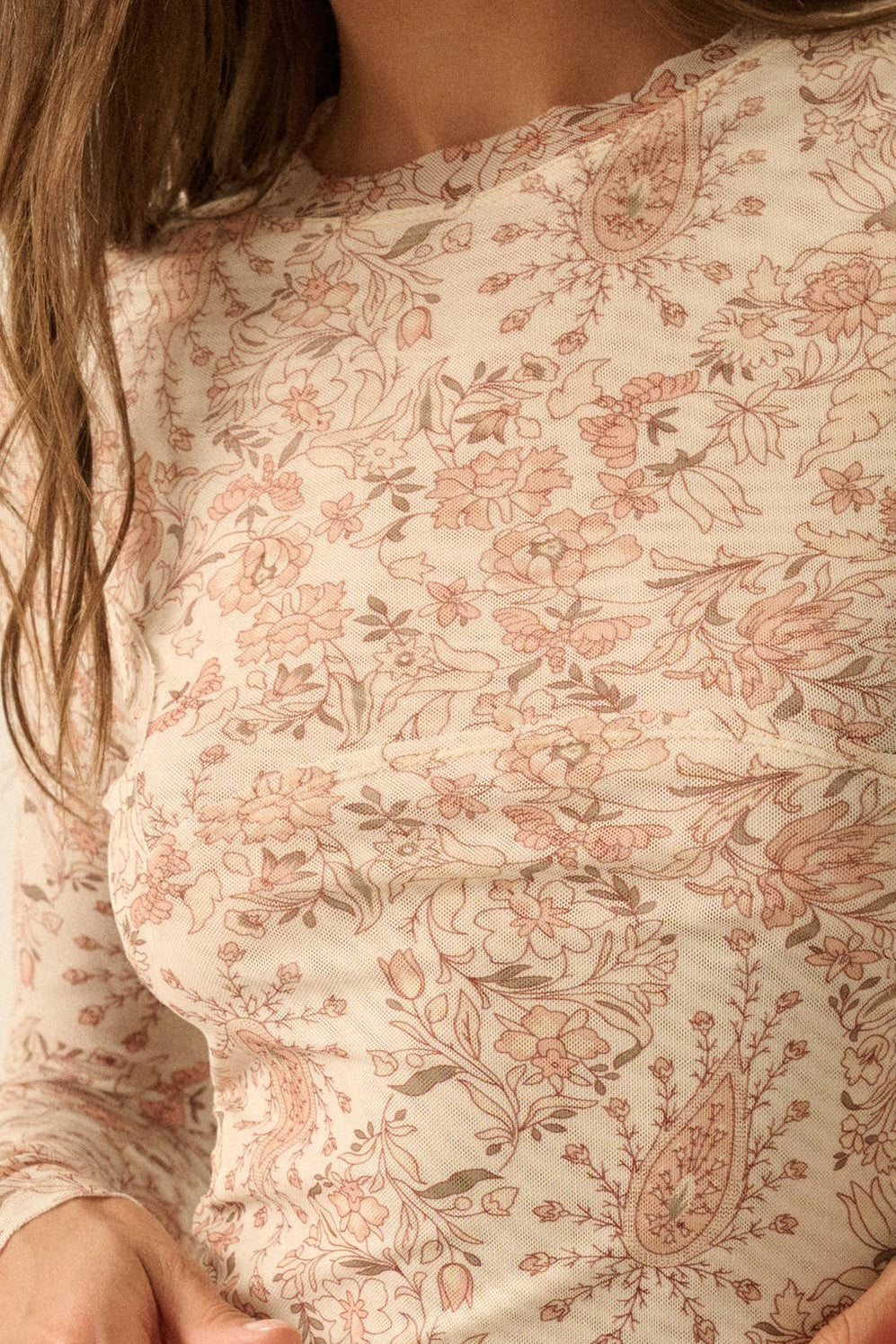 Floral Mesh Raglan Long-Sleeve Contour Top: Cream / S – Fringe Boutique ...