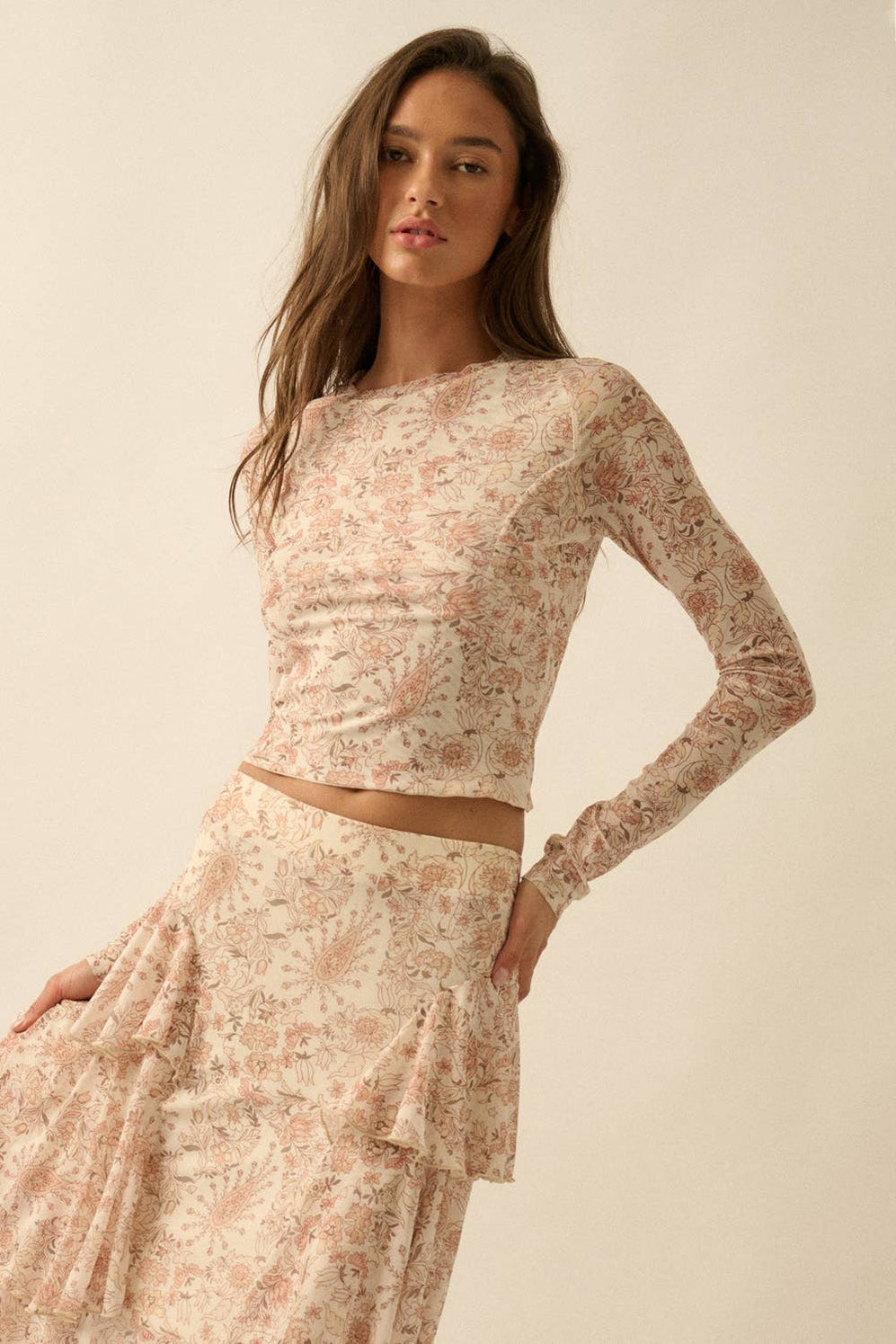 Floral Mesh Raglan Long-Sleeve Contour Top: Cream / S – Fringe Boutique ...